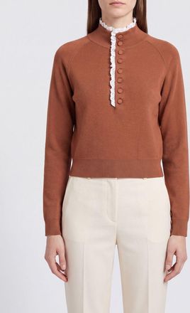 Chlo&eacute; Pull &agrave; col roul&eacute; court en laine coupe slim avec volants et broderies