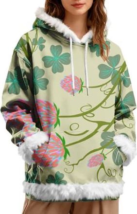Generic Sweat &agrave; capuche en polaire pour femme - Motif tr&egrave;fle irlandais - Manches longues - Col rond - Coupe ample - Super doux et chaud - Avec grandes poches,