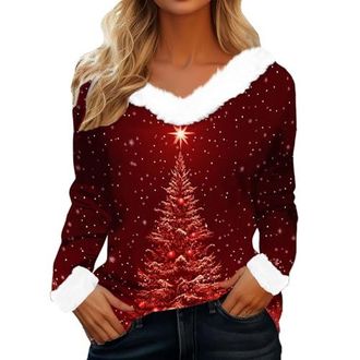 Generic Chemises de Noël pour femme - Pull à capuche amusant avec imprimé flocon de neige - Bordure en fausse fourrure - Col en V - Manches longues - Chemises
