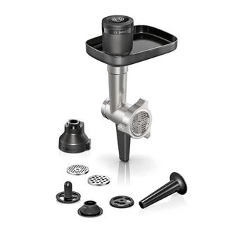 Bosch Zubehör MUZS6HA, Fleischwolf, Lochscheibe 8 mm, Lochscheibe 3 mm, Wurstfüller-Aufsatz, Kebbe-Aufsatz, Adapter, für Küchenmaschine Serie 6, schwarz/ede