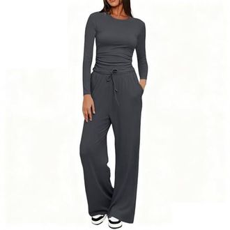 Generic Ensemble dint&eacute;rieur 2 pi&egrave;ces pour femme - Ensemble de d&eacute;tente avec cordon de serrage - Manches longues - Pantalon large avec poches - En coton doux - 