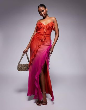 Asos Maxikleid aus Chiffon in Orange und Pink mit Farbverlauf-Bunt