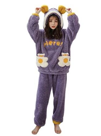 Minetom Femmes Fille Automne Hiver Ensemble De Deux Pi&egrave;ces Pyjamas Chaud Flanelle Peluche Velours V&ecirc;tements De Nuit Mignon Animal Motif Sweat &agrave; Capuche et Pan