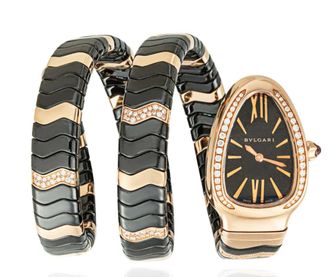 Bulgari Black Ceramic 18K Rose Gold Diamond Serpenti Spiga Watch
