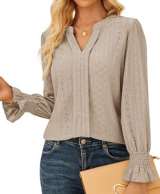 Grace Karin Chemisier Femme Chic et Élégant Blouse Col en V Manches Longues Casual Top Beige S