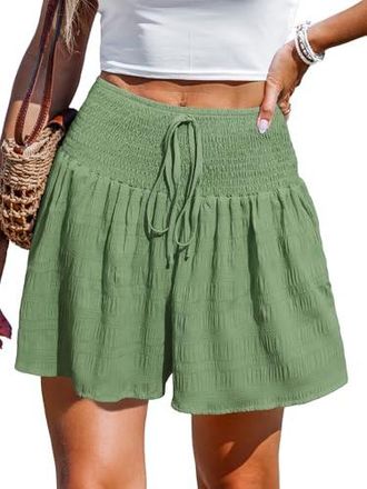 Cupshe Short d&eacute;contract&eacute; &agrave; smocks pour femme - Taille haute - Jambe large - Short d&eacute;t&eacute; pour la plage, vert, Taille S