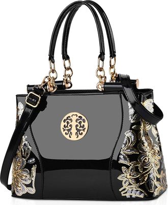 Nicole & Doris Lackleder Handtasche Damen Umh&auml;ngetaschen Elegante Schultertasche frauen shopper gro&szlig;er Kapazit&auml;t Henkeltasche mit Stickerei Schwarz