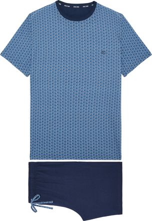 HOM Herren Pyjama Court Martinez Set, Oberteil: Abstraktes Schuppenmuster In Blau, Marine Und Wei&szlig;, Hose: Unifarben Marineblau, XXL EU