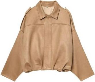 Generic Veste en daim synthétique Y2K pour femme avec fermeture éclair intégrale et manches chauve-souris - Vêtement dextérieur court tendance et décontracté,