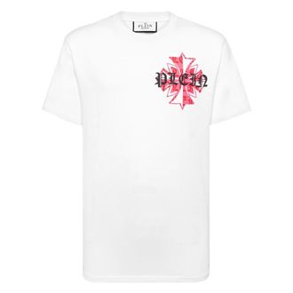 Philipp Plein Homme, Tops, Blanc, Taille: XL T-Shirt Col Rond Worldwide Puffy Crest