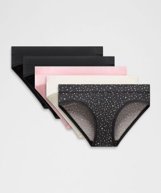 lululemon UnderEase Bikini-Unterw&auml;sche mit mittelhohem Bund 5er-Pack f&uuml;r Frauen - Gr&ouml;&szlig;e XL in Black/Pink Pearl/Coconut Ivory