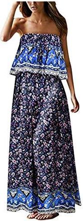 Generic Robe d&eacute;t&eacute; 2026 boh&egrave;me pour femme, robe de plage sans bretelles, imprim&eacute; floral, boh&egrave;me, vacances, bleu, S