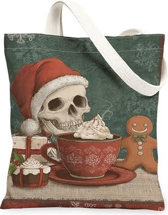 Generic Sacs fourre-tout en toile motif t&ecirc;te de mort de No&euml;l, sacs d&eacute;picerie r&eacute;utilisables, l&eacute;gers et lavables en toile pour Tra, Rouge, 13x15 Inch