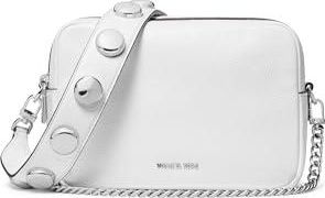 Michael Kors Bryant Sac &agrave; bandouli&egrave;re avec double fermeture &eacute;clair pour appareil photo Taille M, Mat&eacute;riel argent&eacute;/cuir grain&eacute; avec sangle clout&eacute;e d&ocirc;me/blanc optiqu