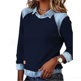 Generic Sweat-shirts en denim patchwork pour femme, col &agrave; revers en denim, patchwork, d&eacute;contract&eacute;, automne, sweat-shirt ample, noir fonc&eacute;, XXL