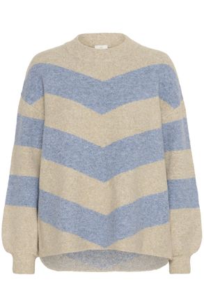 Kaffe Damen Womens Crew Neck Graphic Print Casual Fit Long Sleeves Knit Pullover, Featherg.m./Windward Blue STR, Small