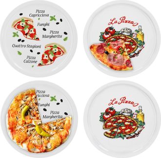 Van Well Set of 4 Napoli & Margherita Pizza Plates Large 30.5 cm Porcelain Plates with Beautiful Motif for Pizza/Pasta, the Great Hunger or for Serving