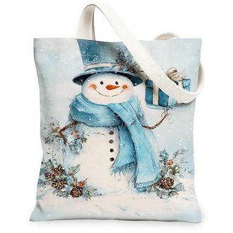 Generic Sacs fourre-tout en toile motif bonhomme de neige dhiver, sacs d&eacute;picerie r&eacute;utilisables, vintage, l&eacute;gers, lavables, bleu, 13x15 Inch