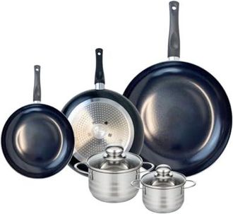 Fackelmann ELO 9743950 Batterie de cuisine 5 pi&egrave;ces, Ensemble de 3 Po&ecirc;les de cuisson 20, 24 et 32 cm et 2 faitouts 12 et 14 cm Elo Prima Brillant, inox, inductio