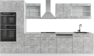 Vicco Küchenzeile R-Line, Beton/Weiß, 350 cm mit Hochschrank, ohne Arbeitsplatte