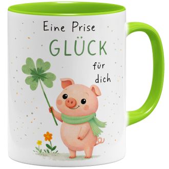 OM3 Eine Prise Gl&uuml;ck Kaffee-Tasse mit Spruch - Liebevolle Spruchtasse mit Schweinchen Schwein - Keramik Becher - 325ml - Beidseitig Bedruckt - Hellgr&uuml;n