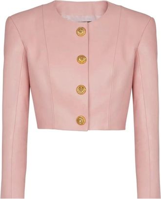 Balmain Femme, Vestes, Rose, Taille: 36 FR Veste Courte Boutonn&eacute;e en Agneau &agrave; Manches Longues