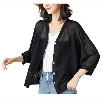 Generic Cardigan ouvert l&eacute;ger en soie tricot&eacute;e pour femme, Noir/blanc, XS