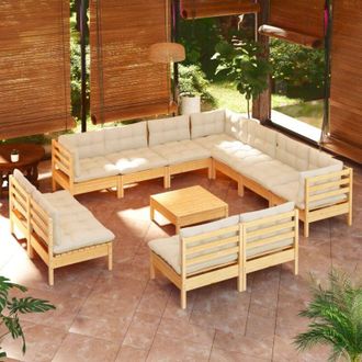 vidaXL 12-tlg. Garten-Lounge-Set mit Creme Kissen Massivholz Kiefer vidaXL