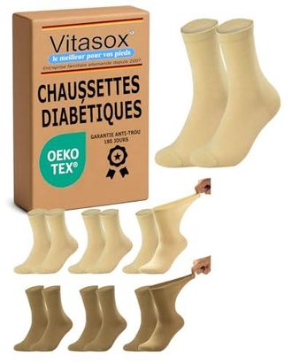 Vitasox Chaussettes diabetiques pour homme, Lot de 6 Paires Beige 43-46, bas de sant&eacute; en Coton - M&eacute;dicales Sensibles Sans &Eacute;lastique & Sans Couture - 31121