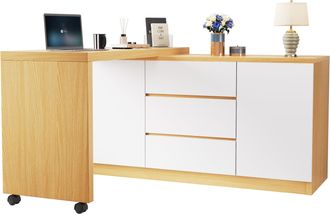 Merax Schreibtisch mit feststellbaren Rollen, 360&deg; drehbare Tischplatte, mit Kommode, 2 Schrankt&uuml;ren & 3 Schubladen, f&uuml;r B&uuml;ro oder Wohnung, Wei&szlig;/Holzfarbe