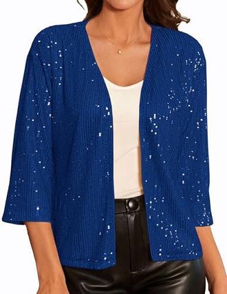 Grace Karin Vintage Cardigan Femme Pull Manches Longues à Sequins Col V Classique Elegante Bolero Blouson Boutons Chic Bleu Brillant à Paillettes L