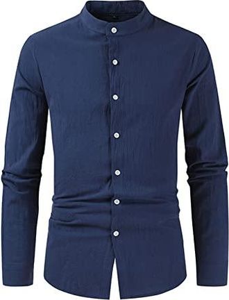 Generic Chemise en coton pour homme, coupe d&eacute;contract&eacute;e, chemise boutonn&eacute;e, couleur unie, col rond, manches longues, l&eacute;g&egrave;re, respirante, s&eacute;chage rapide, cardi