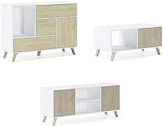 Skraut Home Sideboard+TV-Schrank+Couchtisch Wohnzimmer-Set - Modell Wind - Esszimmer-Set - Widerstandsfähige Struktur - Einfache Montage - Weiß/Puccini-Finish