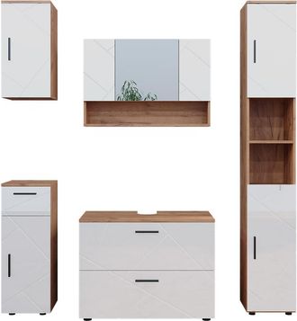 Vicco Badm&ouml;bel-Set Wei&szlig; Hochglanz/Goldkraft Eiche Irma, bestehend aus Spiegelschrank, Midischrank, H&auml;ngeschrank, Waschbeckenunterschrank, Hochschrank - Vers
