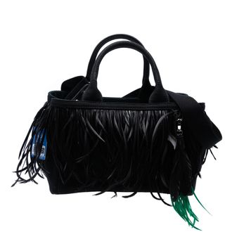 Prada Black Small Feather Trimmed Canvas Canapa Satchel