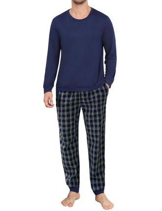 Ekouaer Herren Schlafanzug Lang Pyjama Langarm Winter Nachtw&auml;sche Schlafanz&uuml;ge f&uuml;r M&auml;nner Zweiteiliger Sleepwear mit B&uuml;ndchen und Taschen,Navyblau2,XXL