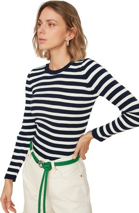 Trendyol Damen Trendyol Green Striped Knitwear Pullover Sweater, Marineblau, L EU