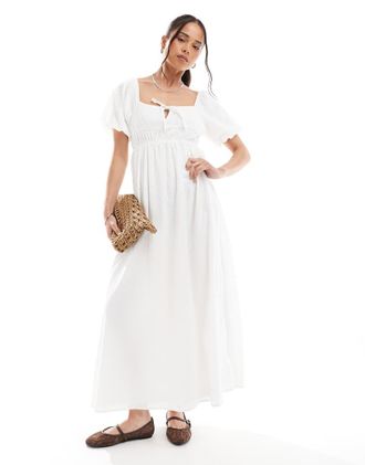 Daisy Street Robe longueur mollet en broderie anglaise avec manches bouffantes et d&eacute;tail nou&eacute; sur le buste - Blanc cass&eacute;