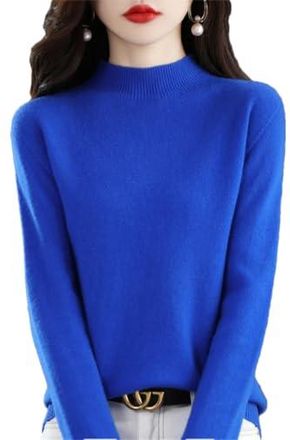 Generic Pull chaud en cachemire tricoté à col roulé et manches longues pour femme 100 % laine mérinos, bleu, XL