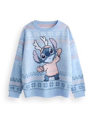 Disney Lilo & Stitch Damen Weihnachtspullover in Blau | Warmer grafischer Strickpullover f&uuml;r Erwachsene | Festliches Feiertags-Langarm-Strickoberteil | Lusti