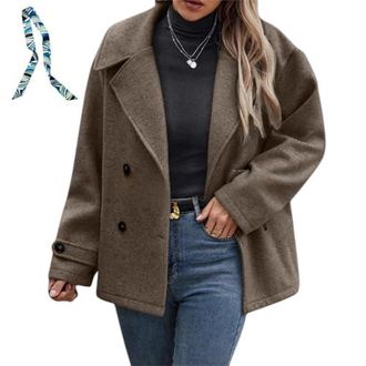 Generic Manteau court en laine m&eacute;lang&eacute;e &agrave; double boutonnage avec col &agrave; revers, manches longues, double boutonnage, blazer &agrave; revers crant&eacute;, caf&eacute;, XXL