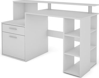 Byliving Schreibtisch Louis/Inkl. 1 T&uuml;r + 1 Schubkasten + 3 offenen F&auml;chern/Wei&szlig;/Computertisch/XXL-Tisch/Arbeitstisch/Holztisch/B&uuml;rotisch / 140 x 89 x 55 cm (B