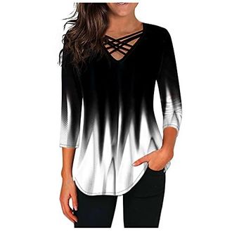 Generic Tunique d&eacute;contract&eacute;e &agrave; manches 3/4 pour femme avec col en V - T-shirt d&eacute;t&eacute; ample - Ourlet incurv&eacute; - Coupe ample - Tunique d&eacute;t&eacute; tendance &agrave; porter avec 