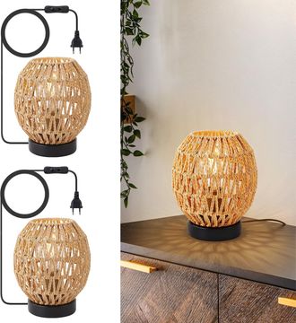 Wilon Lampe Wohnzimmer Tischlampe, 2 St&uuml;ck Rattan Lampenschirm, Kleine Tischlampe mit Stecker, Handgewebte Lampenschirme, E27 Schreibtischlampe Retro, Nacht