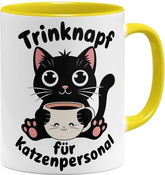 OM3 witzige Kaffee-Tasse mit Spruch - Trinknapf für Katzenpersonal - Katzenliebhaber Katze Katzenmama - Keramik Becher - 325ml - Beidseitig Bedruckt - Gel