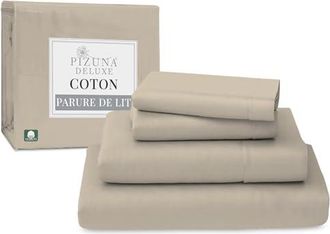 Pizuna 100% Coton Parure de Lit 140x200 cm Simplement Taupe, Tissu de Satin de Coton à 600 Fils au Pouce carré Comprend 1 Drap Housse, 1 Drap Plat, 2 Taie do