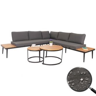 Mendler Garten-Garnitur HWC-H54c, Lounge-Set, Beistelltisch Spun Poly Akazie Holz Stahl - braun, Kissen dunkelgrau