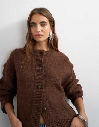 Topshop gestrickte kastige Strickjacke mit tiefem Rippenmuster in Pecan-Neutral