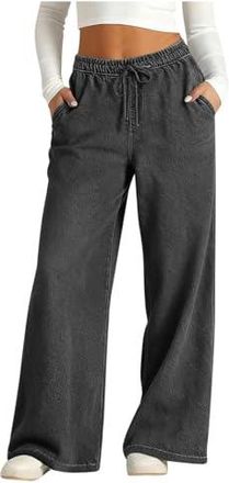 Generic Pantalon de jogging &agrave; jambe large pour femme - Taille haute &eacute;lastique - Pantalon de jogging droit r&eacute;tro d&eacute;lav&eacute; - Pantalon en jean d&eacute;contract&eacute; &agrave; enfile