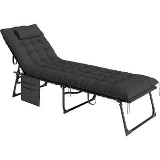 OUTSUNNY Bain de soleil transat pliable inclinable avec poign&eacute;e, pochette rangement et matelas grand confort noir